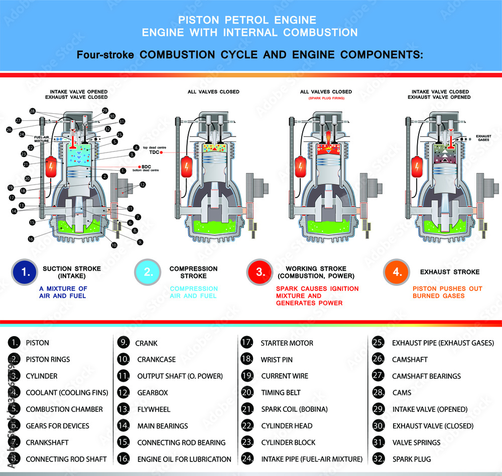 Piston petrol engine, structural cross section and four stroke ...