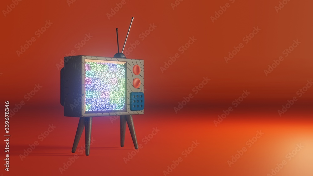 Old school television with a static distorted image in 3d. Dark wooden ...