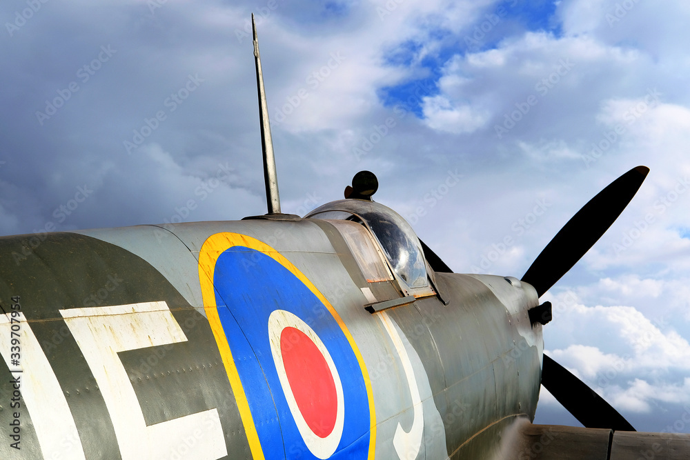 Angled view from the fuselage of a WW2 Spitfire Fighter Aircraft facing ...