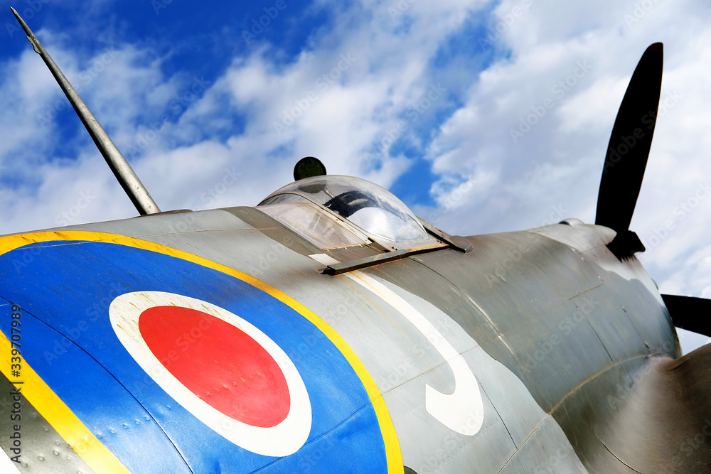 Angled view from the fuselage of a WW2 Spitfire Fighter Aircraft facing ...