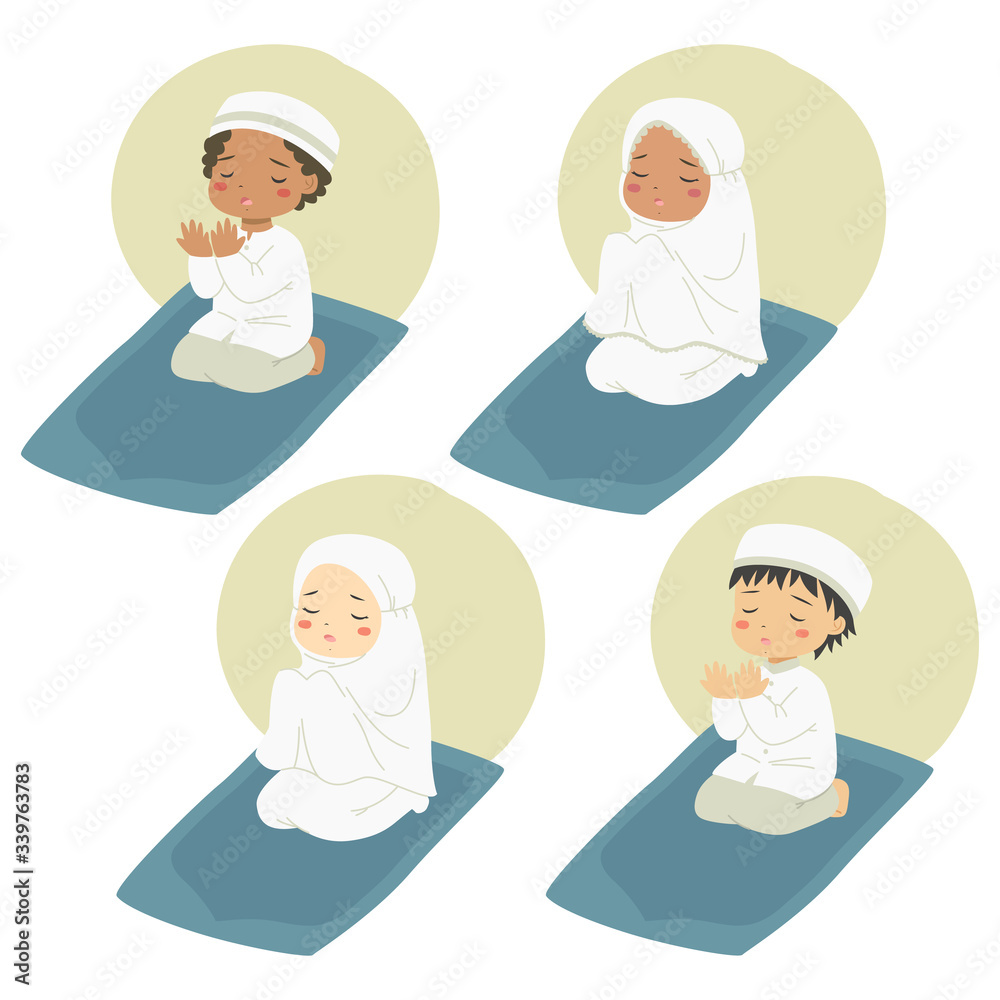 Vektorová grafika „Muslim kids sitting on a prayer mat and praying ...