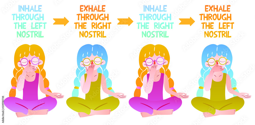 Cute vector pranayama instruction with girls sitting in lotus position ...