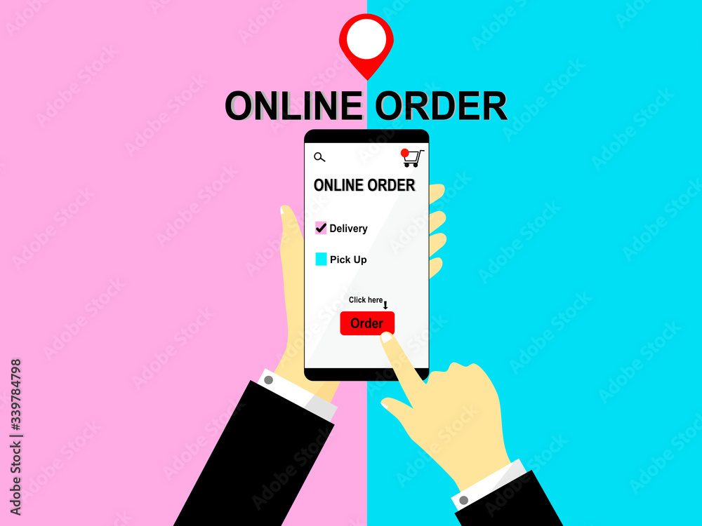 Vector drawn flat design mobile order online, close up hand holding ...