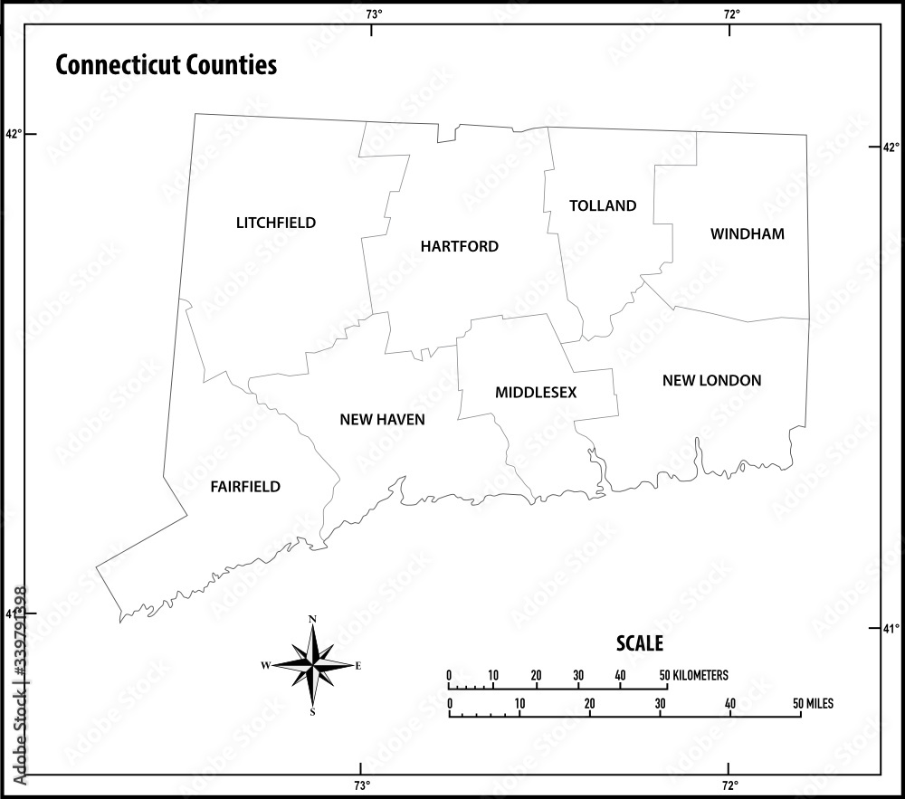 connecticut state outline administrative and political vector map in ...