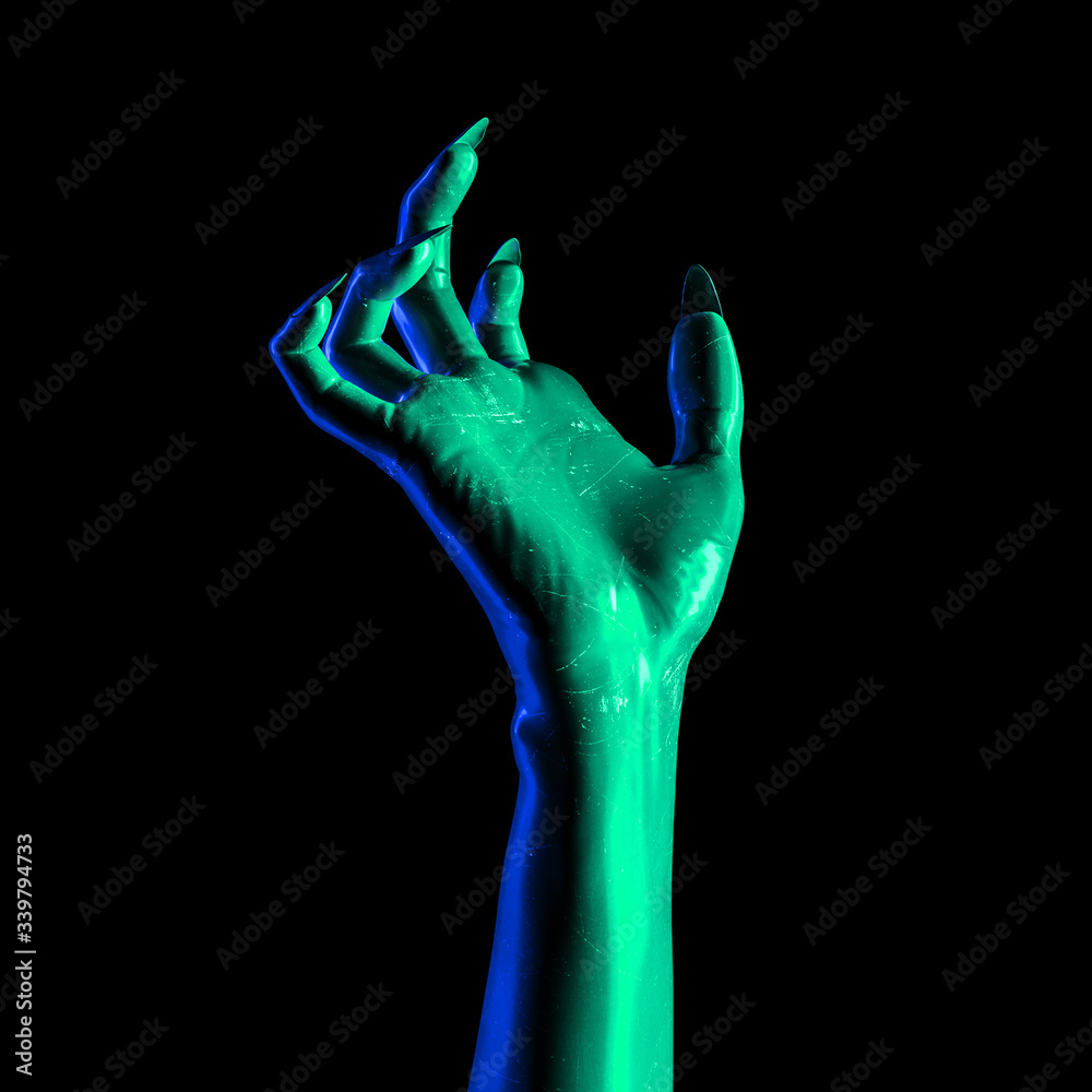 Clawed witch hand, neon duotone frightening monster hand isolated on ...
