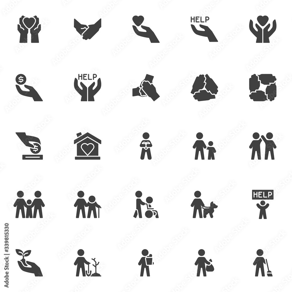 Volunteering vector icons set, modern solid symbol collection ...