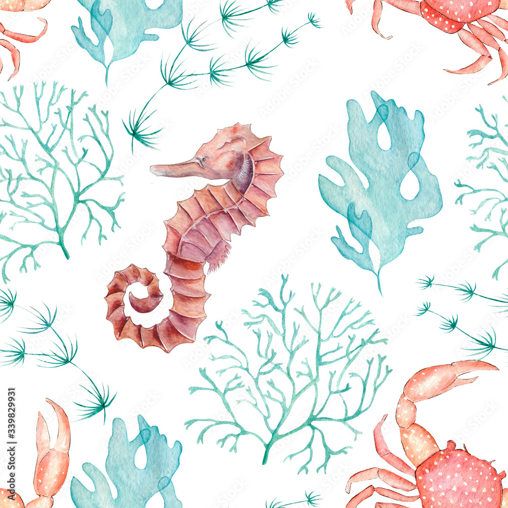 seamless pattern with watercolor illustrations of marine life corals ...