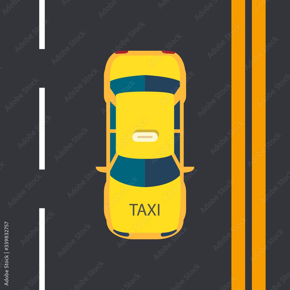 Taxi car top view icon. Yellow taxicab sedan with checker top light box ...