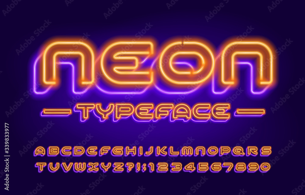 Neon alphabet font. 3D effect modern neon light letters and numbers ...