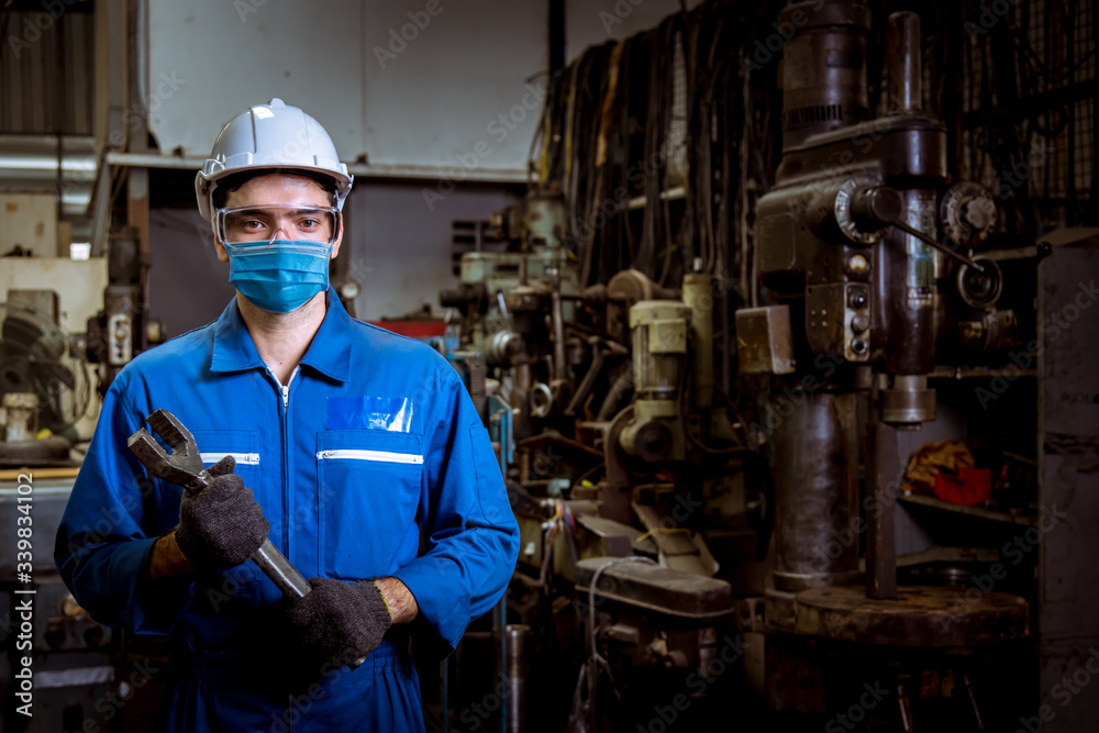 Portrait worker under inspection and checking production process on ...