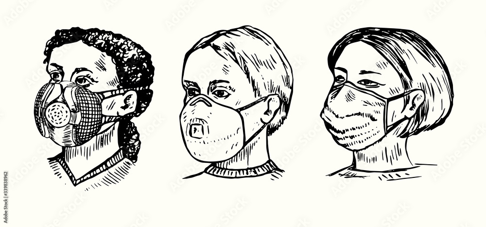 Girls faces wearing P100 respirator, N95 respirator and surgical mask ...