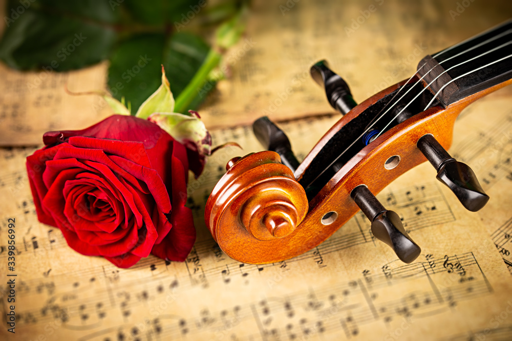 classic retro violin music string instrumt on old music note sheet ...