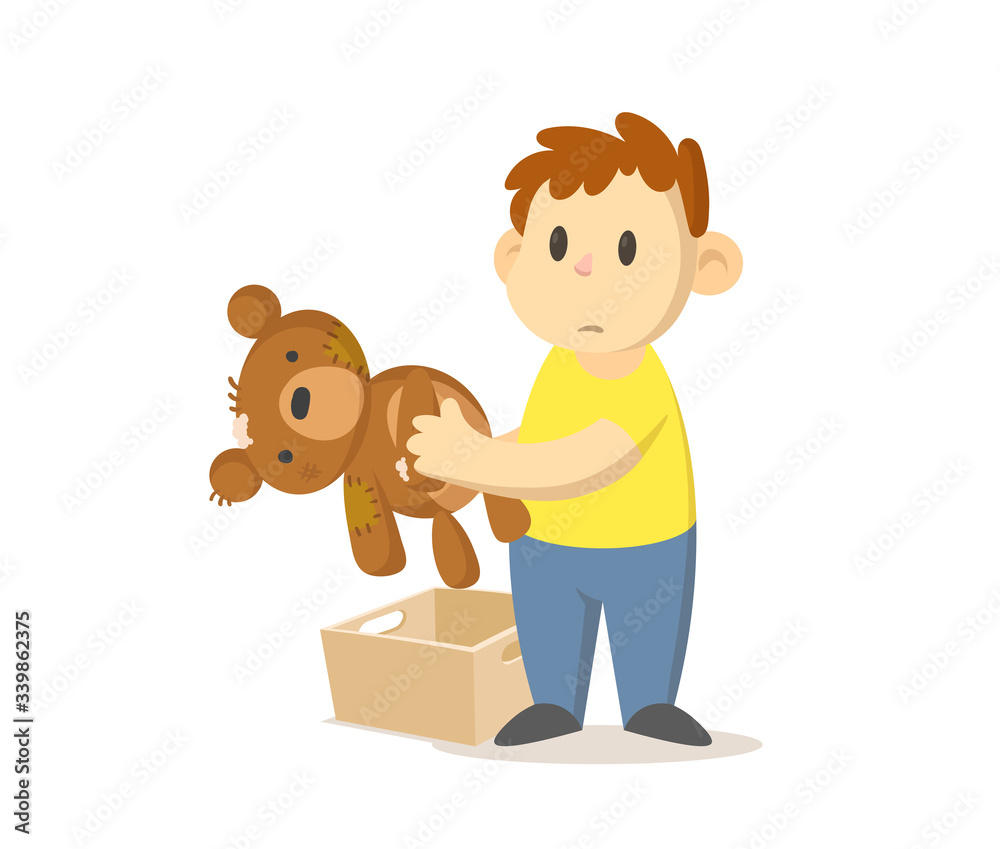 Sad boy holding an old shabby teddy bear toy, cartoon character design ...