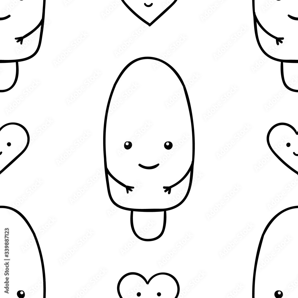 Seamless pattern, black and white cute hand drawn ice cream doodle ...