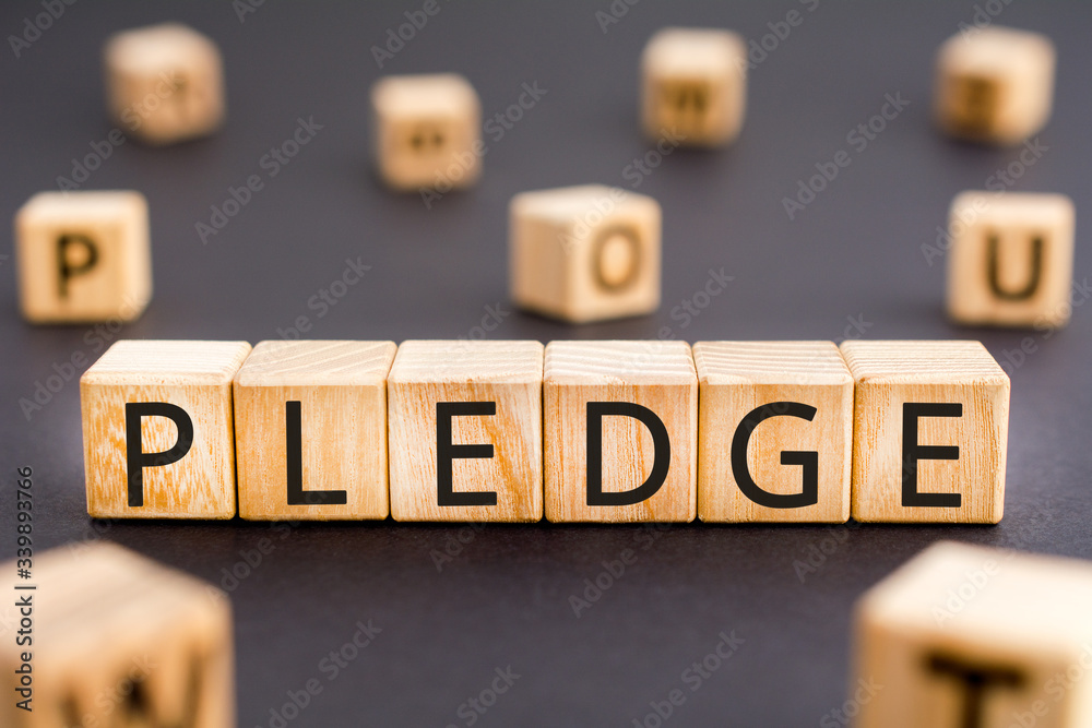 Pledge - word from wooden blocks with letters, deposit, guarantee, bail ...