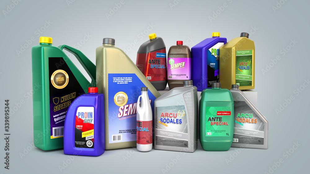 set of different types of engine oil cans presentation option 3d render ...