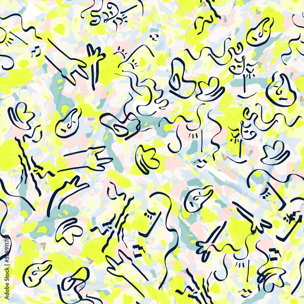 Crazy line drawing style. Hands and feet, faces of women on abstract ...