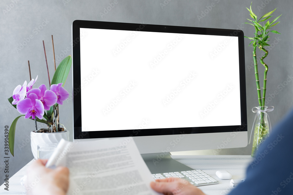 Home working concept, Computer all in one with white blank screen on ...