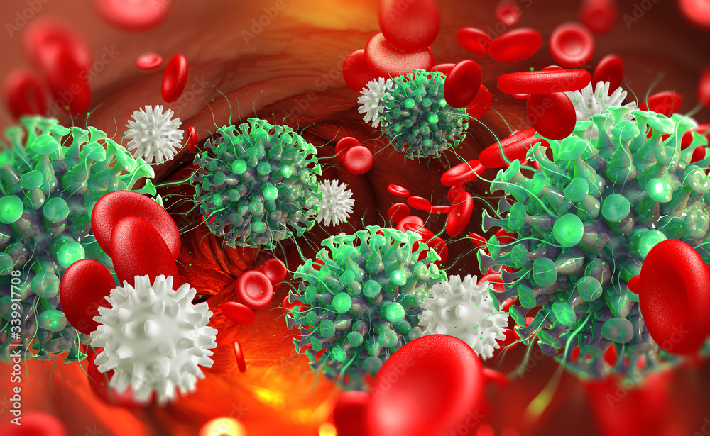 Viral infection in blood. Immunity fights disease. White blood cells ...