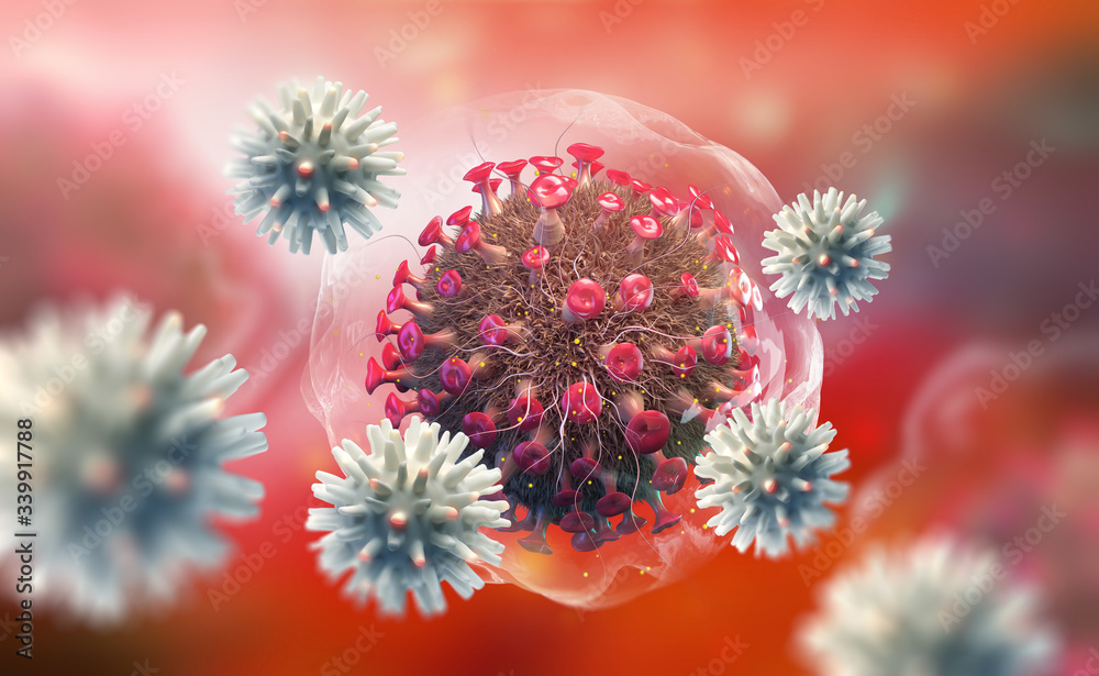 Viral infection in blood. Immunity fights disease. White blood cells ...