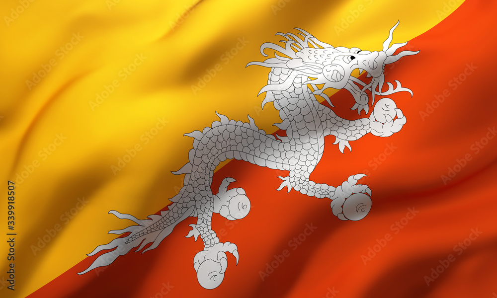 Flag of Bhutan blowing in the wind. Full page Bhutanese flying flag. 3D ...
