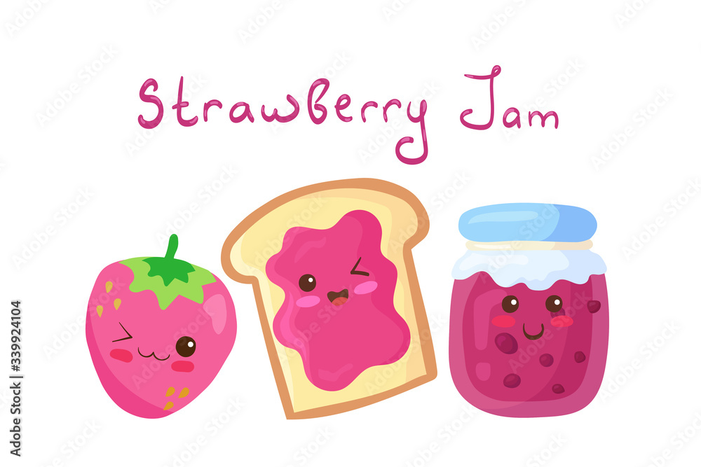 Bread toast with strawberry jam, smiling funny berry & jam jar with ...