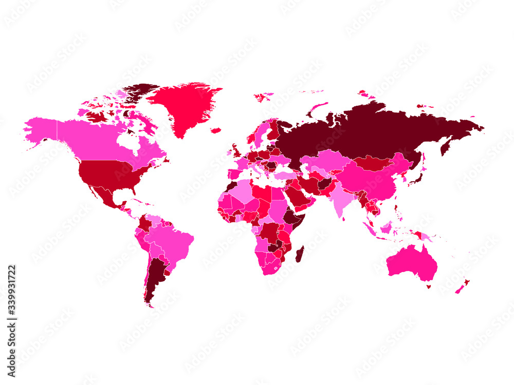 High detailed colorful pink world map on white illustration vector ...