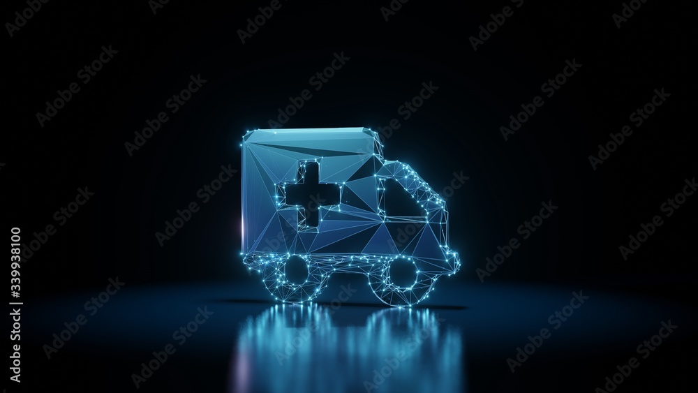 3d rendering wireframe neon glowing symbol of ambulance on black ...