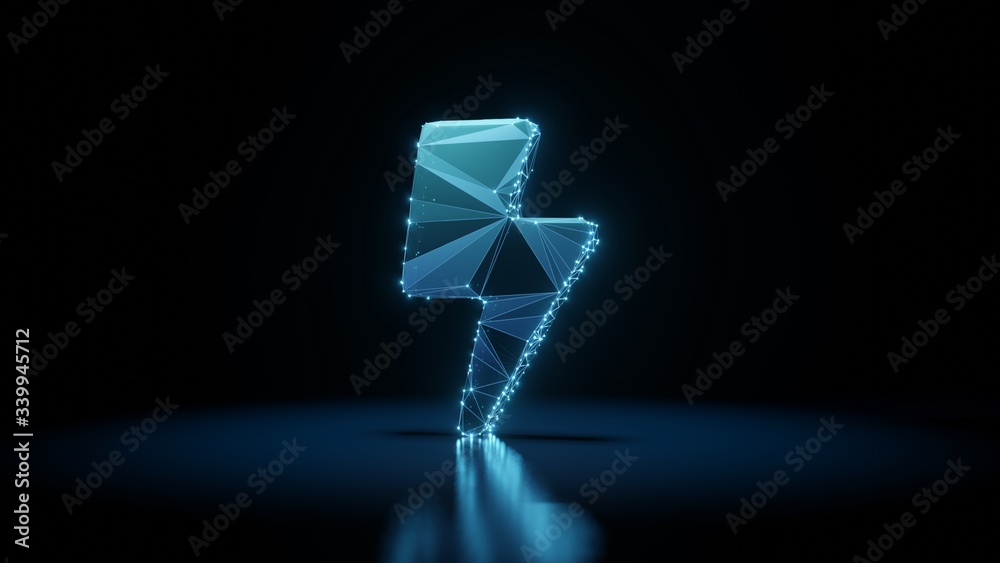 3d rendering wireframe neon glowing symbol of bolt of lightning on ...