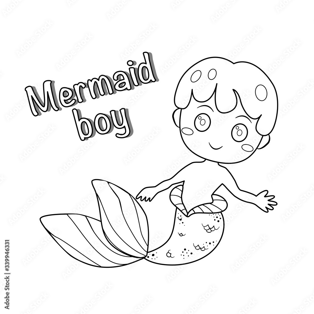 Cute doodle cartoon mermaid boy. Hand drawn black line on white ...