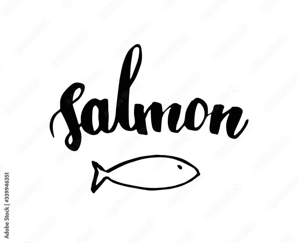 Handwritten vector word "salmon". Illustration fish. Overlay design ...
