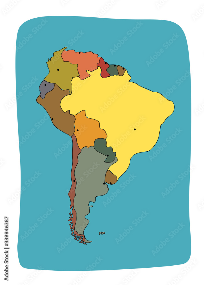 South America isolated map with countries and capital cities. Hand ...