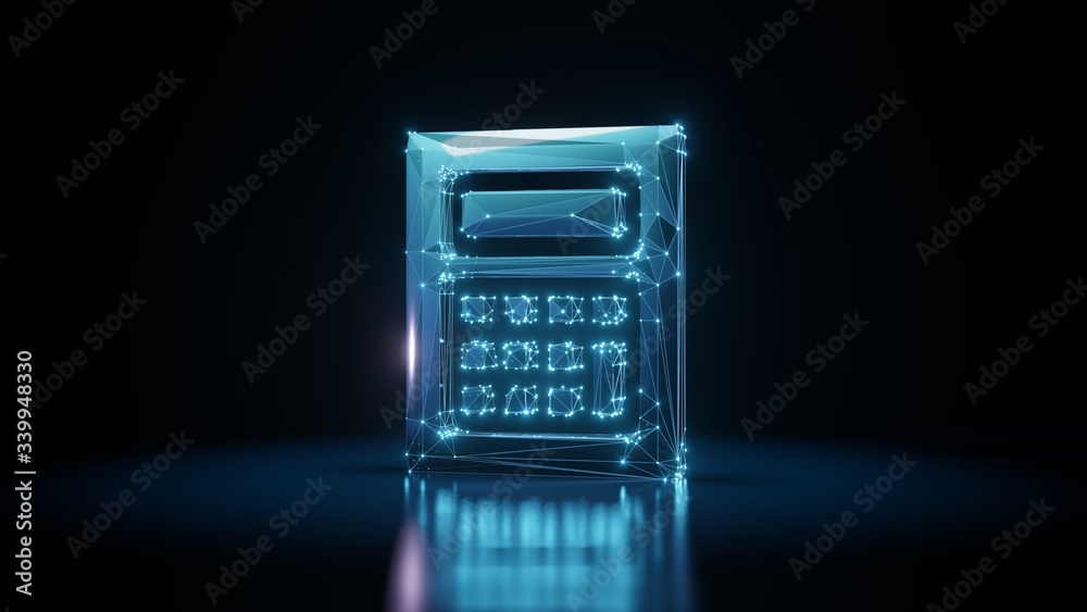 3d rendering wireframe neon glowing symbol of calculator on black ...