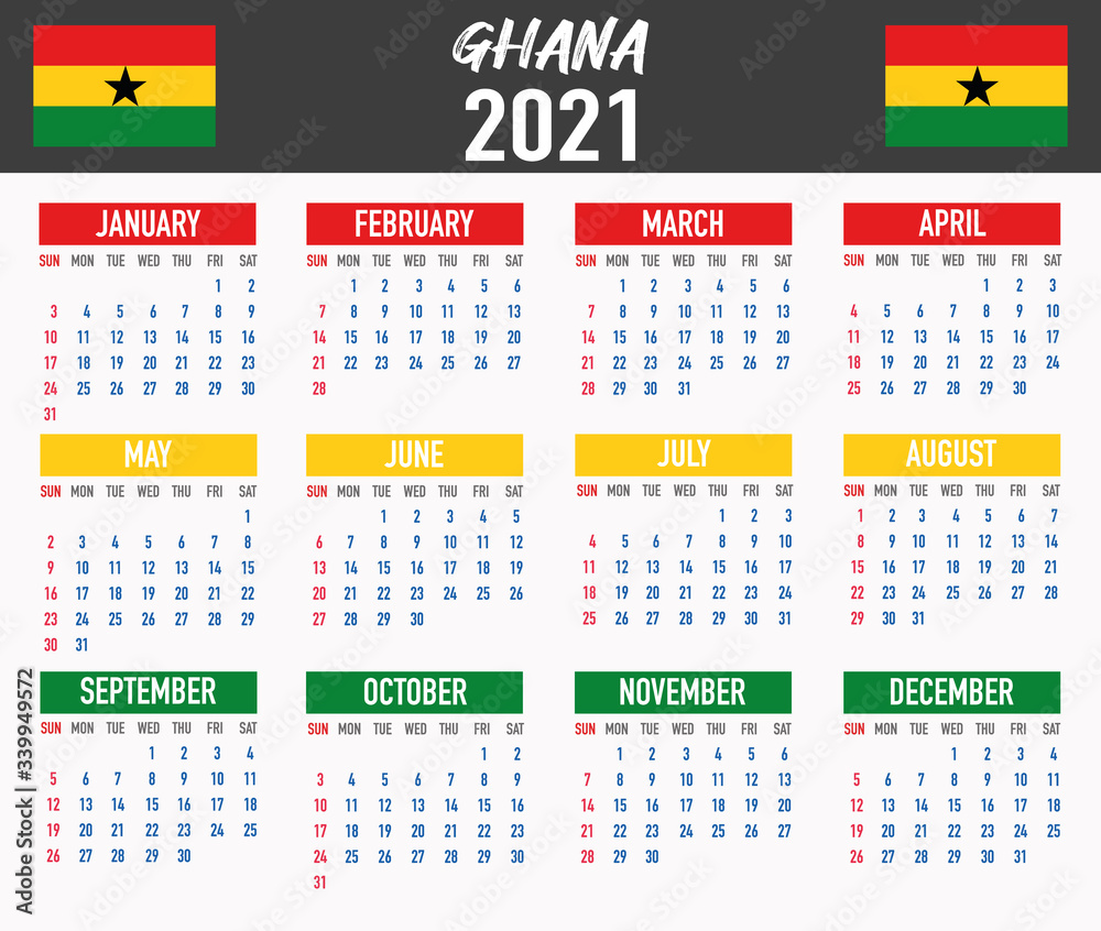 Ghana Calendar with flag. Month, day, week. Simply flat design. Vector ...