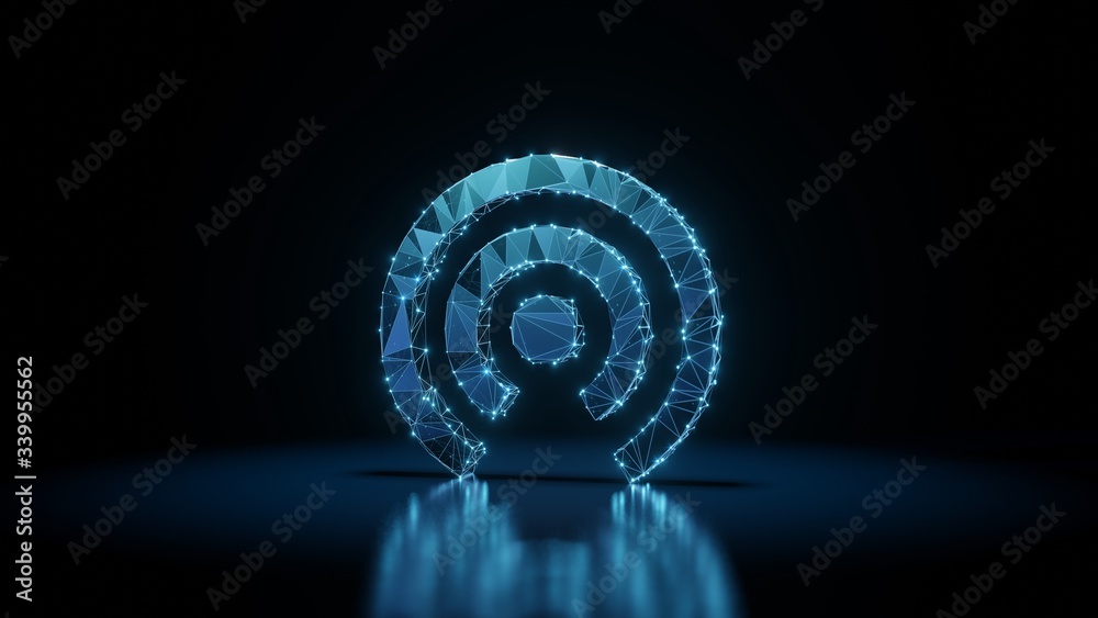 3d rendering wireframe neon glowing symbol of connection on black background with reflection ...