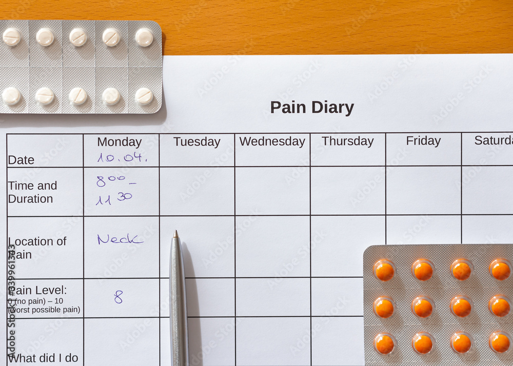 Pain treatment concept: weekly pain diary spreadsheet for cause ...