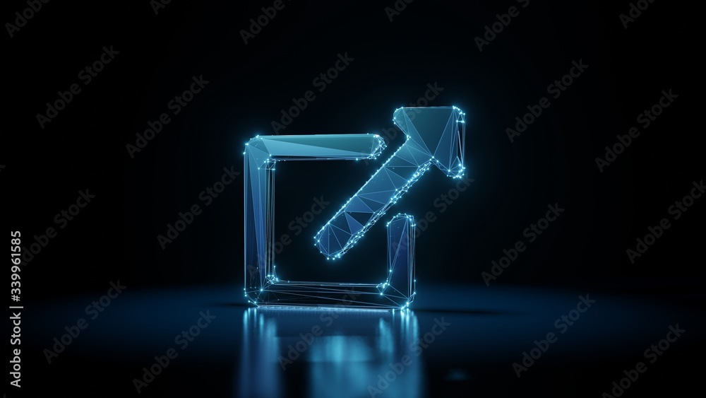 3d rendering wireframe neon glowing symbol of external link on black ...