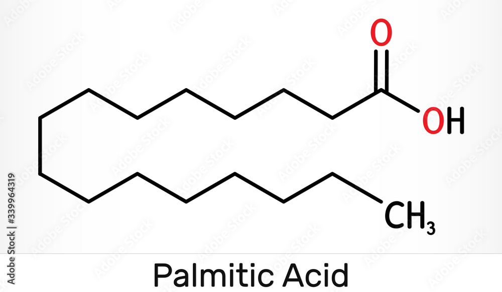 Palmitic acid or hexadecanoic, C16H32O2 molecule. It is saturated fatty ...