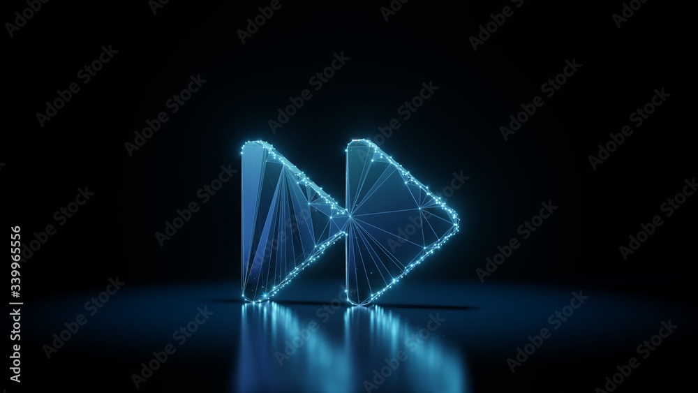 3d rendering wireframe neon glowing symbol of forward on black ...