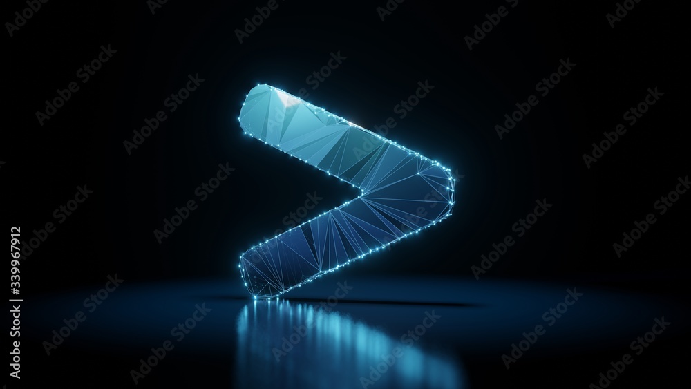 3d rendering wireframe neon glowing symbol of greater than on black ...