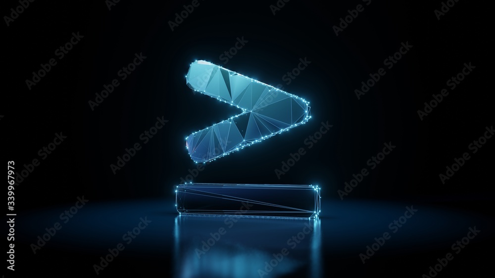 3d rendering wireframe neon glowing symbol of greater than equal on black background with ...