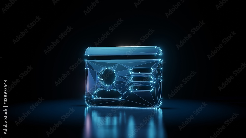 3d rendering wireframe neon glowing symbol of id card on black background with reflection Stock ...