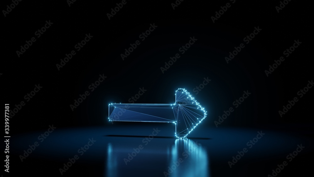 3d rendering wireframe neon glowing symbol of long arrow right on black background with ...
