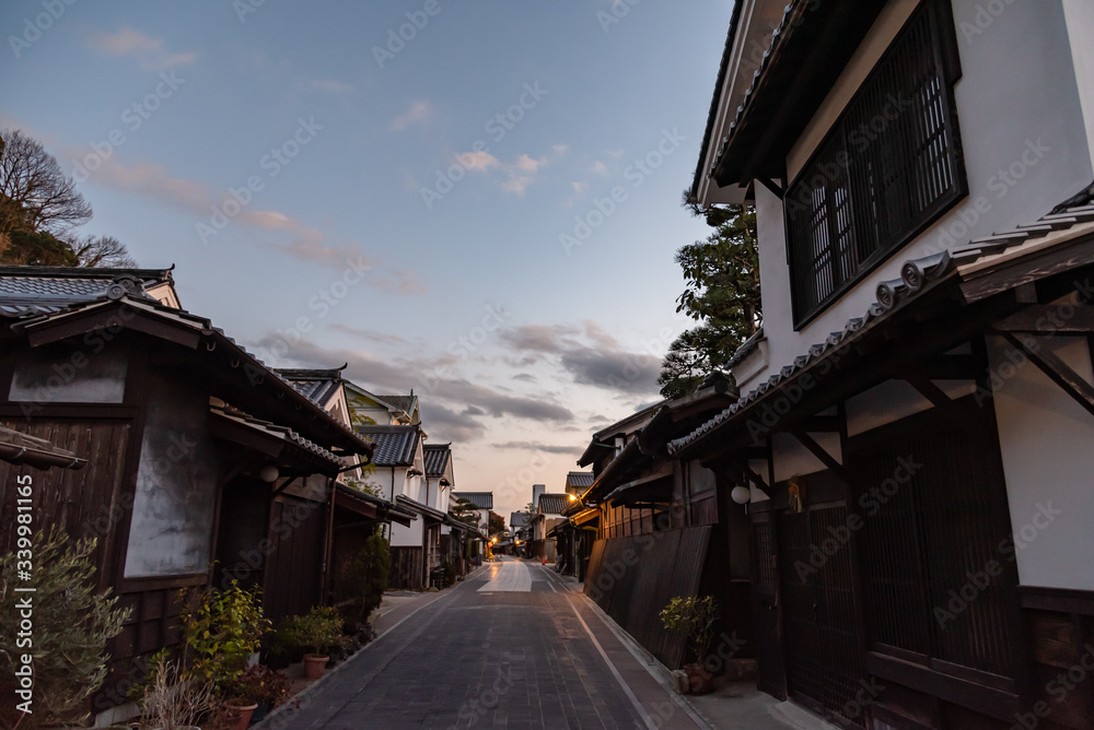 Takehara Townscape Conservation Area in dusk. The streets lined with ...