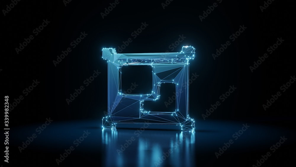 3d rendering wireframe neon glowing symbol of object group on black background with reflection ...