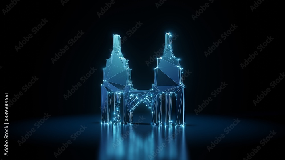 3d rendering wireframe neon glowing symbol of Petronas twin tower on black background with ...