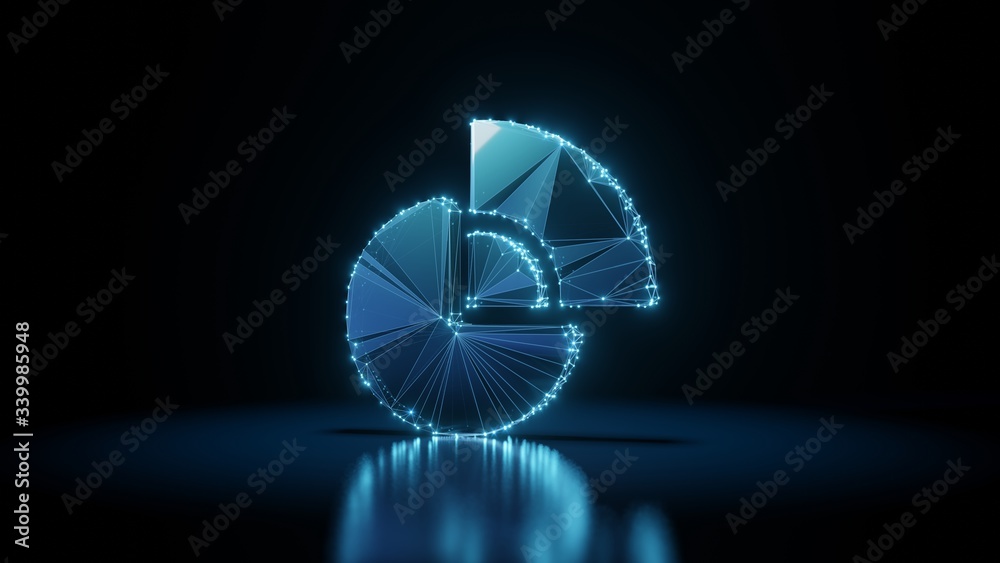 3d rendering wireframe neon glowing symbol of pie chart on black background with reflection ...