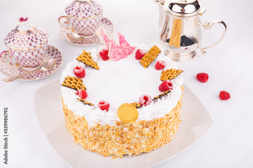 Air cake with nut chips of almonds with fresh raspberry and chocolate ...