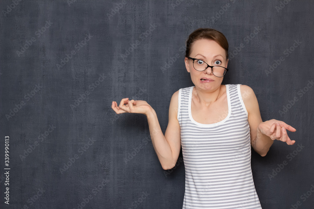 Portrait of funny shocked perplexed girl with skewed glasses Stock ...