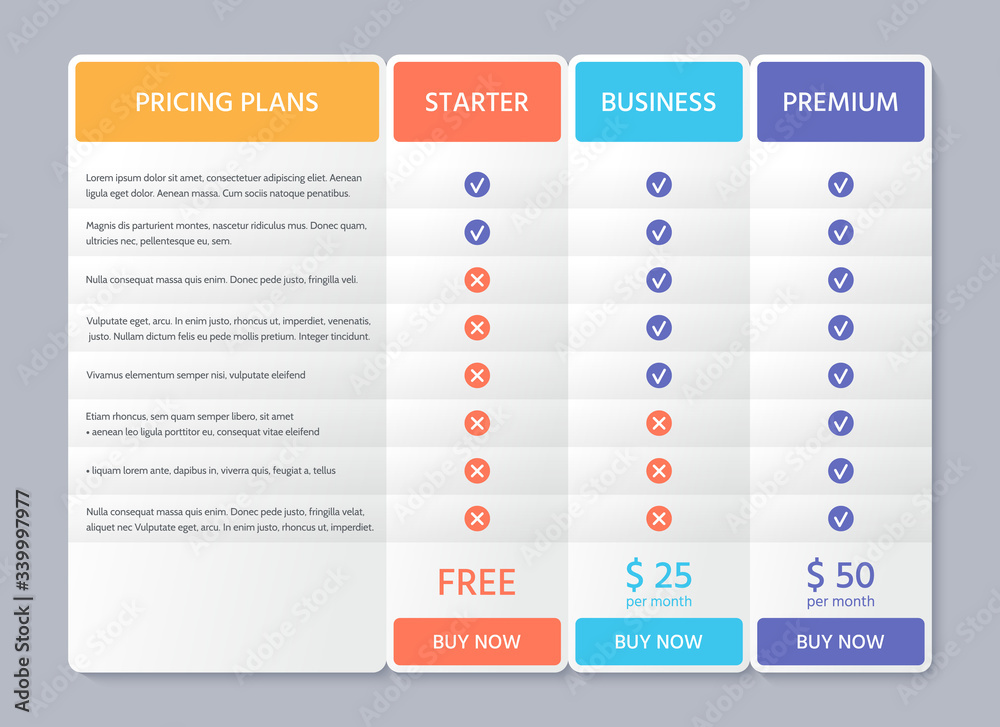 Table price template. Comparison plan chart. Vector. Pricing data grid ...